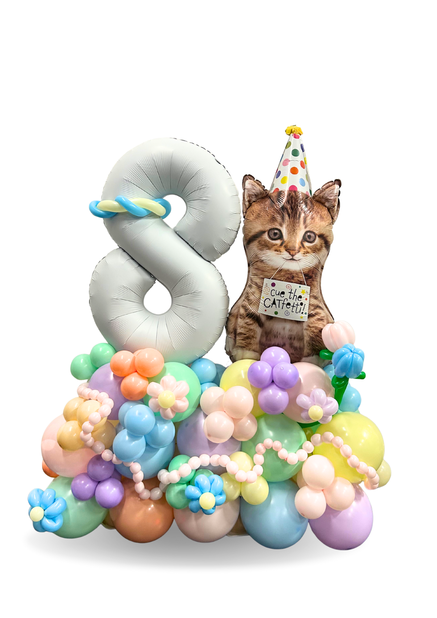 Cue the Cat Fetti Birthday Balloon Cluster Stand – T.O. Balloons